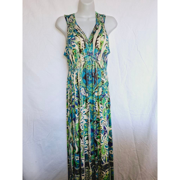 ONE WORLD | Dresses | One World Maxi Sz L Teal Green Floral Greek ...